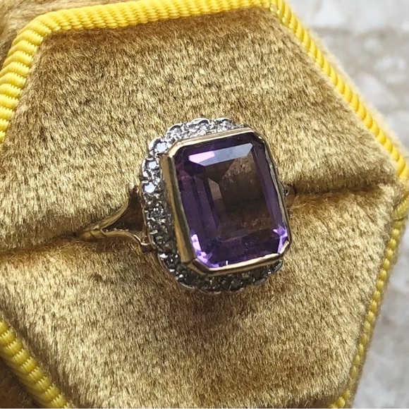 Vintage | Jewelry | Vintage Amethyst Diamond Halo Vintage Emerald Cut Ring | Poshmark